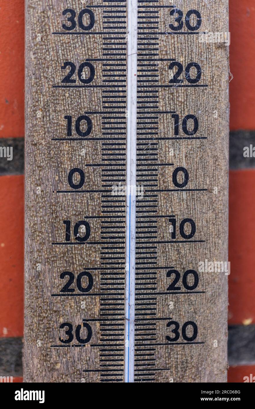 A close up portrait of a thermometer gauge showing a temperature ...