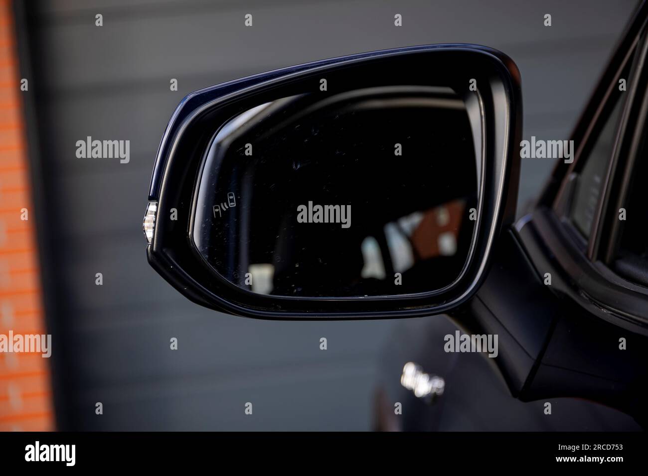 A portrait of a sideview mirror with an emblem of the pedestrian and ...