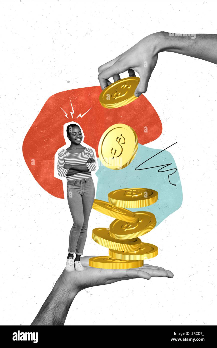 Vertical collage image of black white effect arms hold pile stack money ...