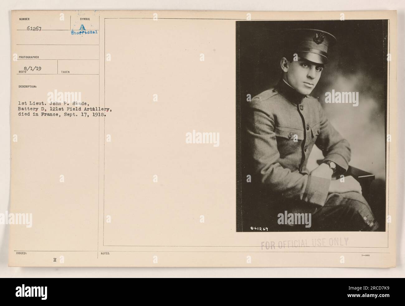 Caption: "1st Lieut. John P. Slade, Battery D, 121st Field Artillery ...