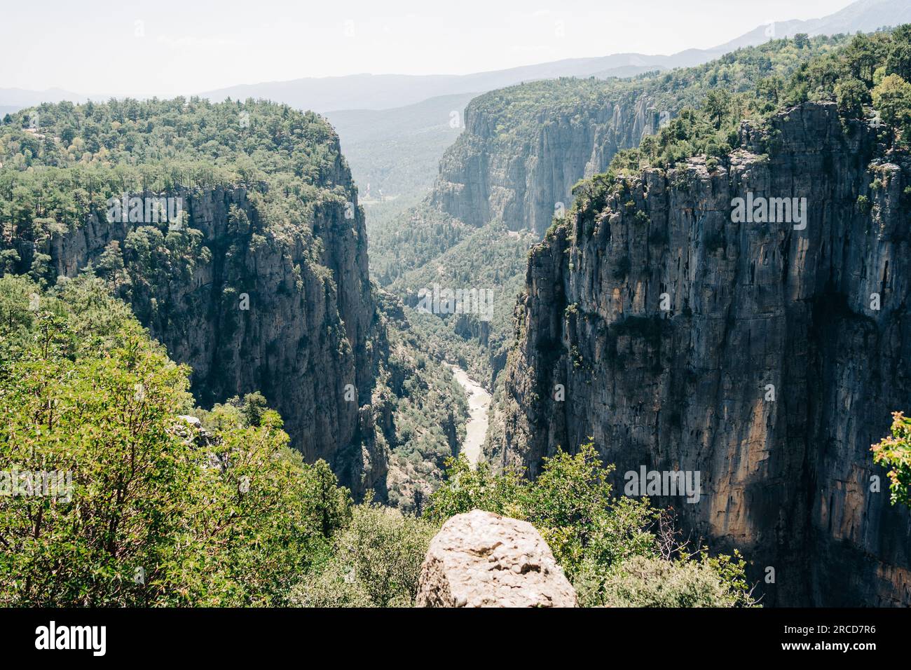 Scenic panoramic view on a mountain valley canyon cliffs and stone ...