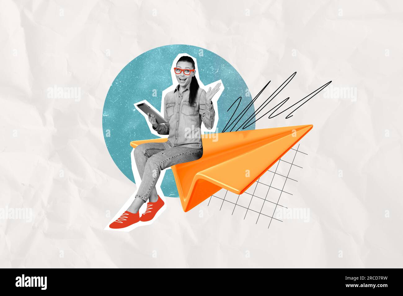 Full body photo magazine collage of funny young girl sit paper airplane ...