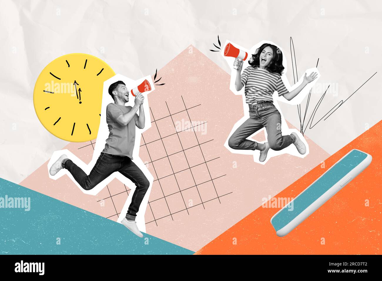 Collage banner photo of youngster two friends colleagues jumping scream ...