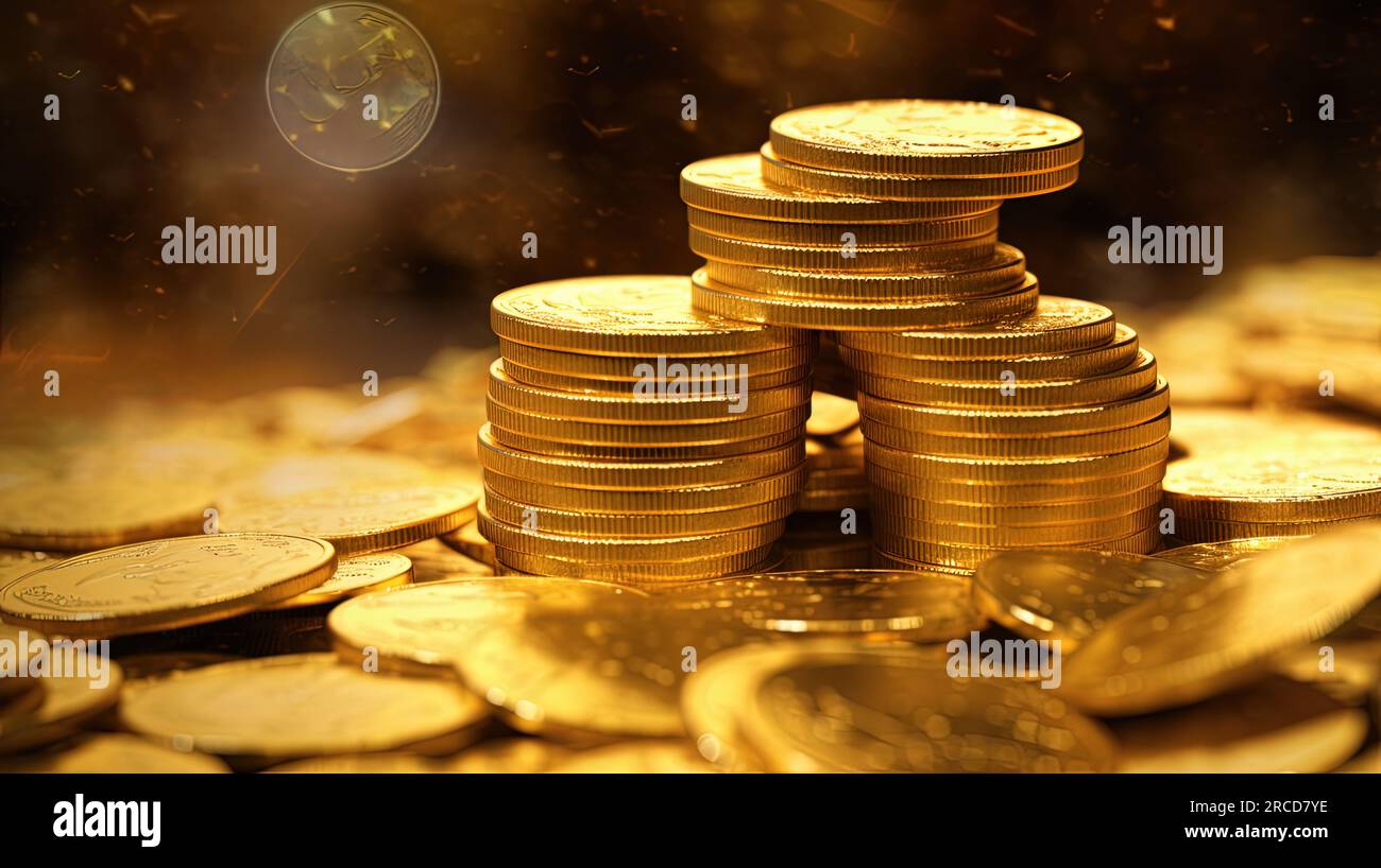 Stack of gold coins close up with gold back ground Stock Photo - Alamy