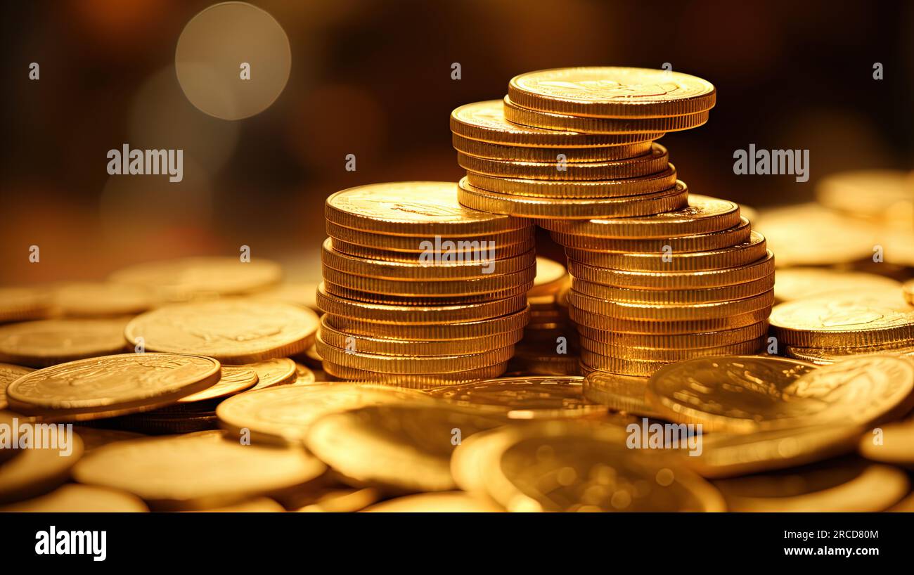 Stack of gold coins close up with gold back ground Stock Photo - Alamy