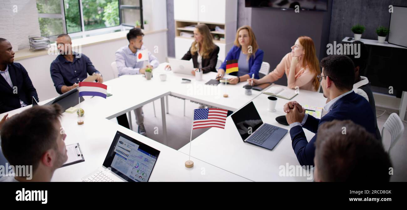 Politician Meeting And Group Discussion With Flags. Politics Conference ...