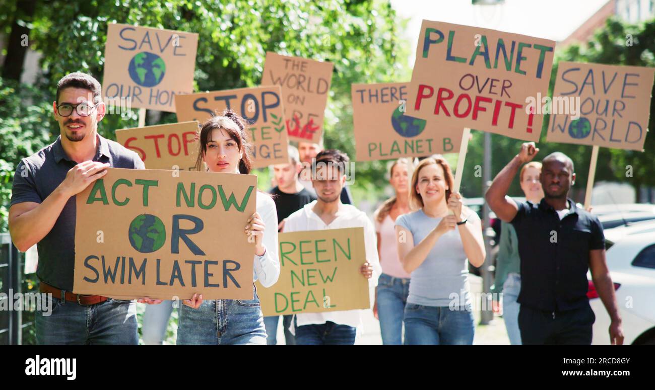 Earth Environment Activism. People With Green Change Banners Stock ...