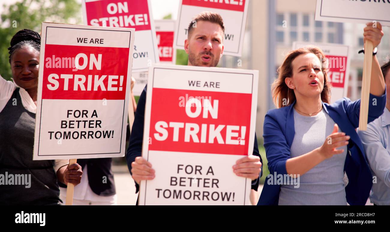 Workers Strike Demonstration In City. Labor Union March. Protest Rally ...