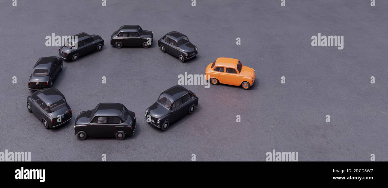 Think differently and be different concept. Orange car goes the other ...