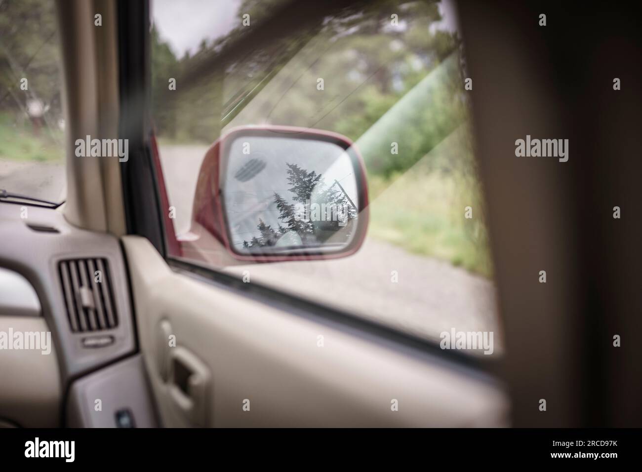 Reflection of trees in car mirror through window, BC, Canada Stock ...