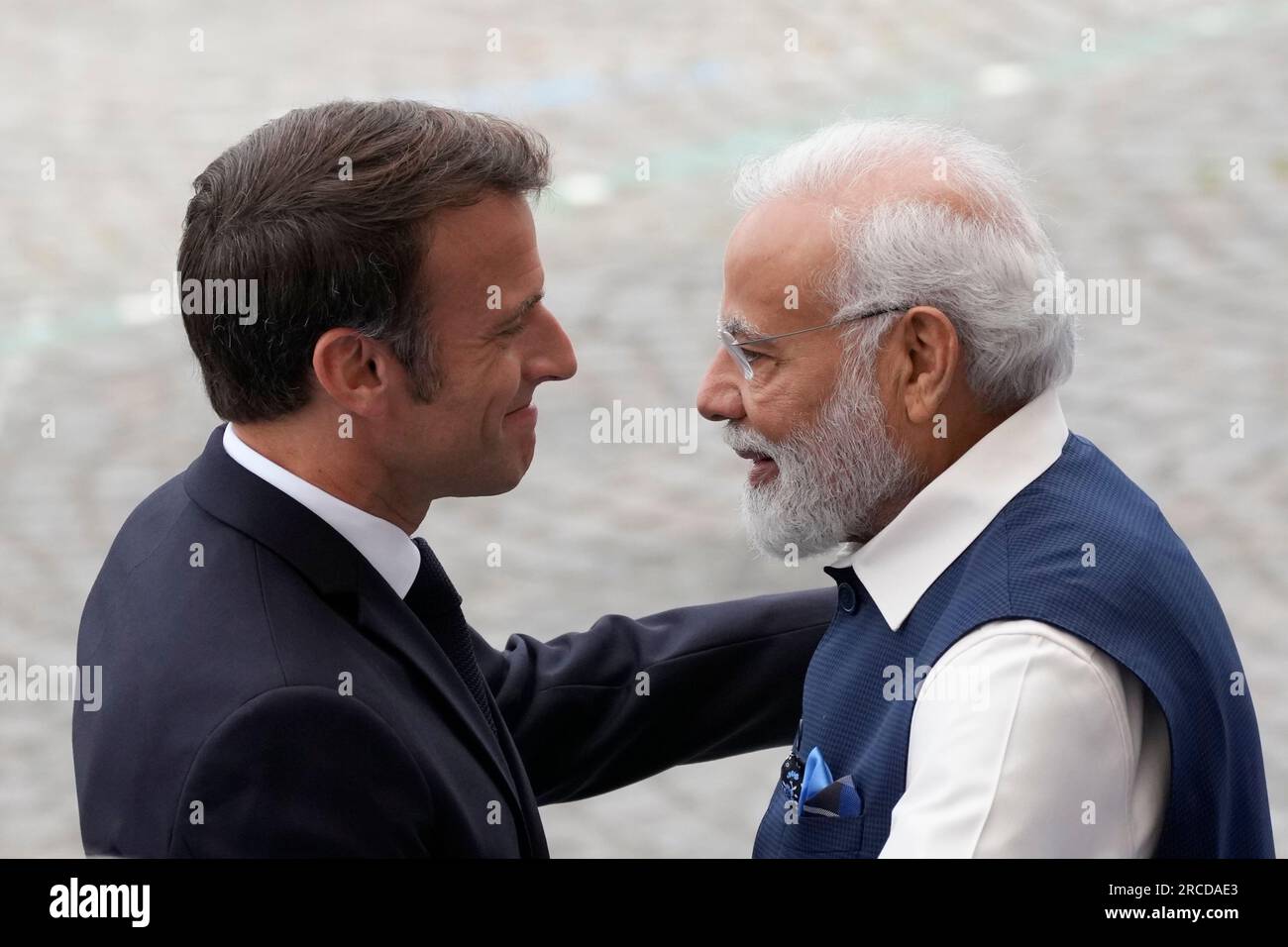 French President Emmanuel Macron, left, meets Indian Prime Minister ...