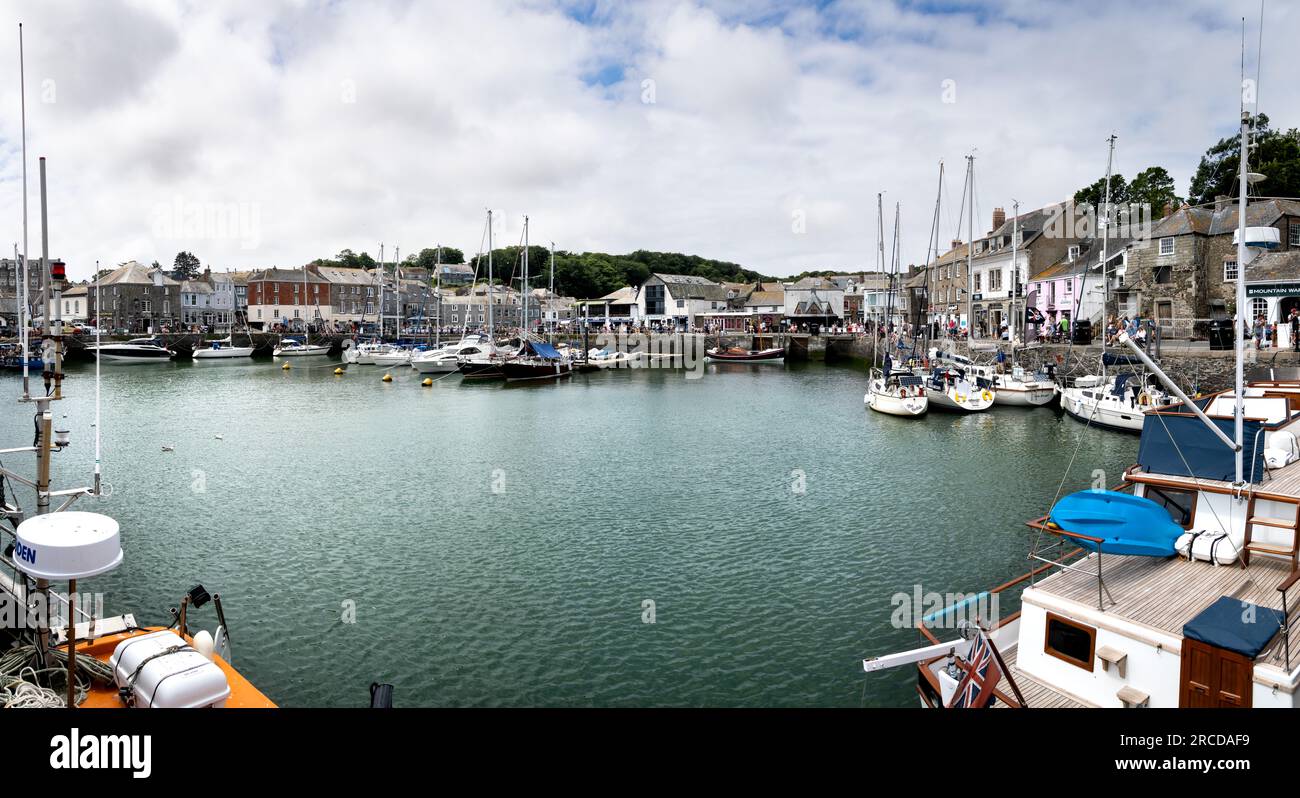 PADSTOW, CORNWALL, UK - JUNE 25, 2023. A panoramic landscape of the ...