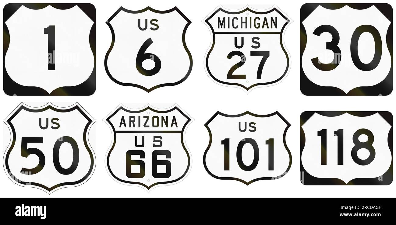 Collection of numbered highway road signs used in the USA Stock Photo ...