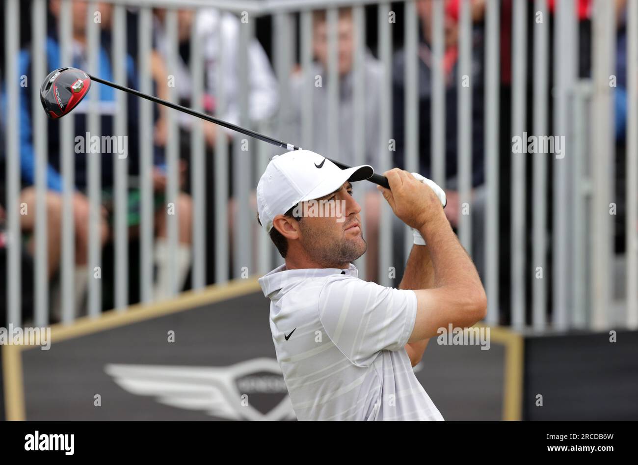 Scottie Scheffler on the first tee on day two of the Genesis Scottish Open 2023 at The ...