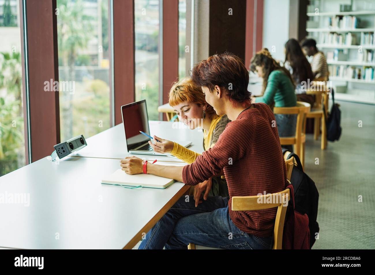 Young group of people studying inside college university library - Back ...