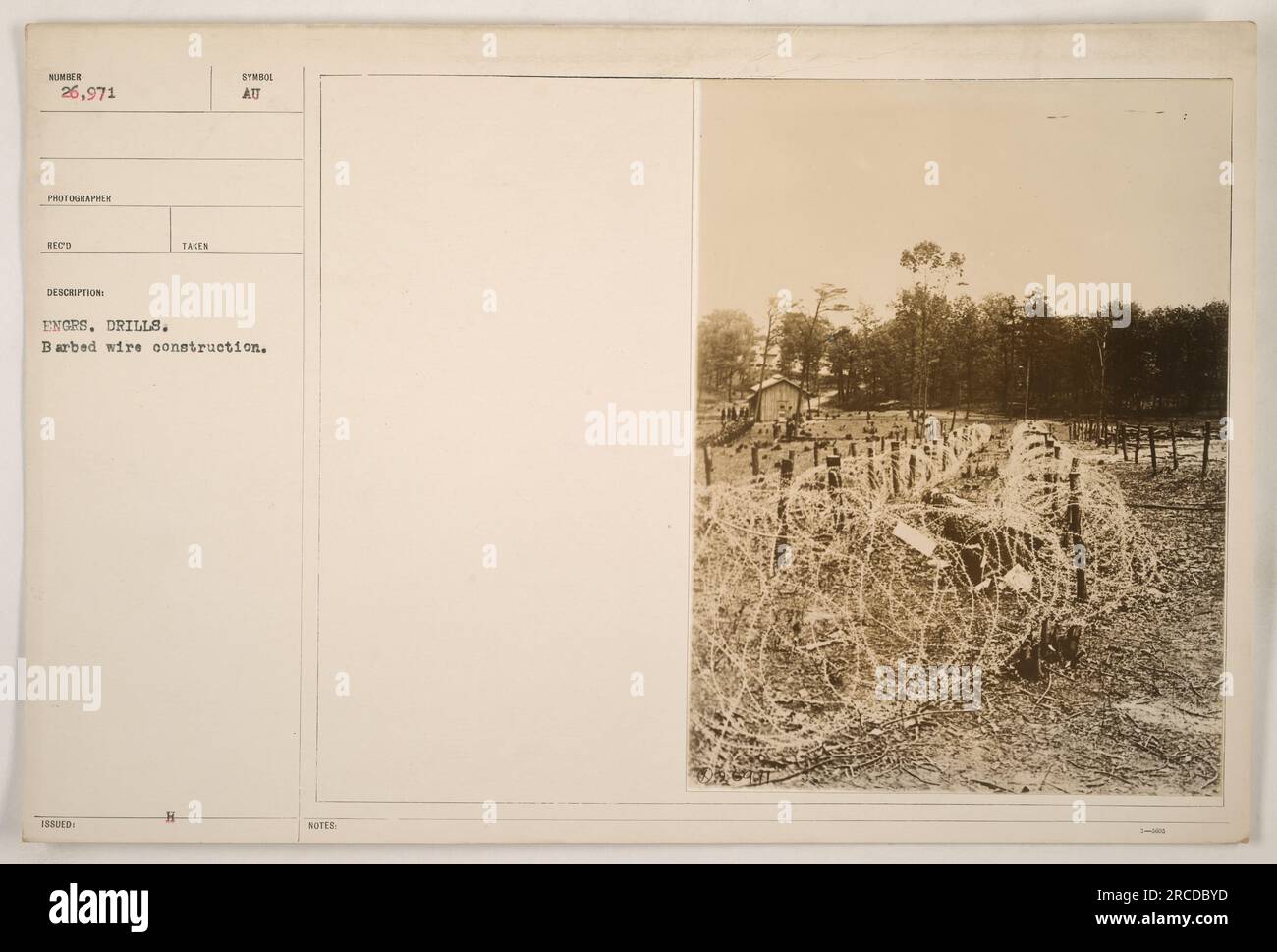 American engineers drill and train in barbed wire construction during ...
