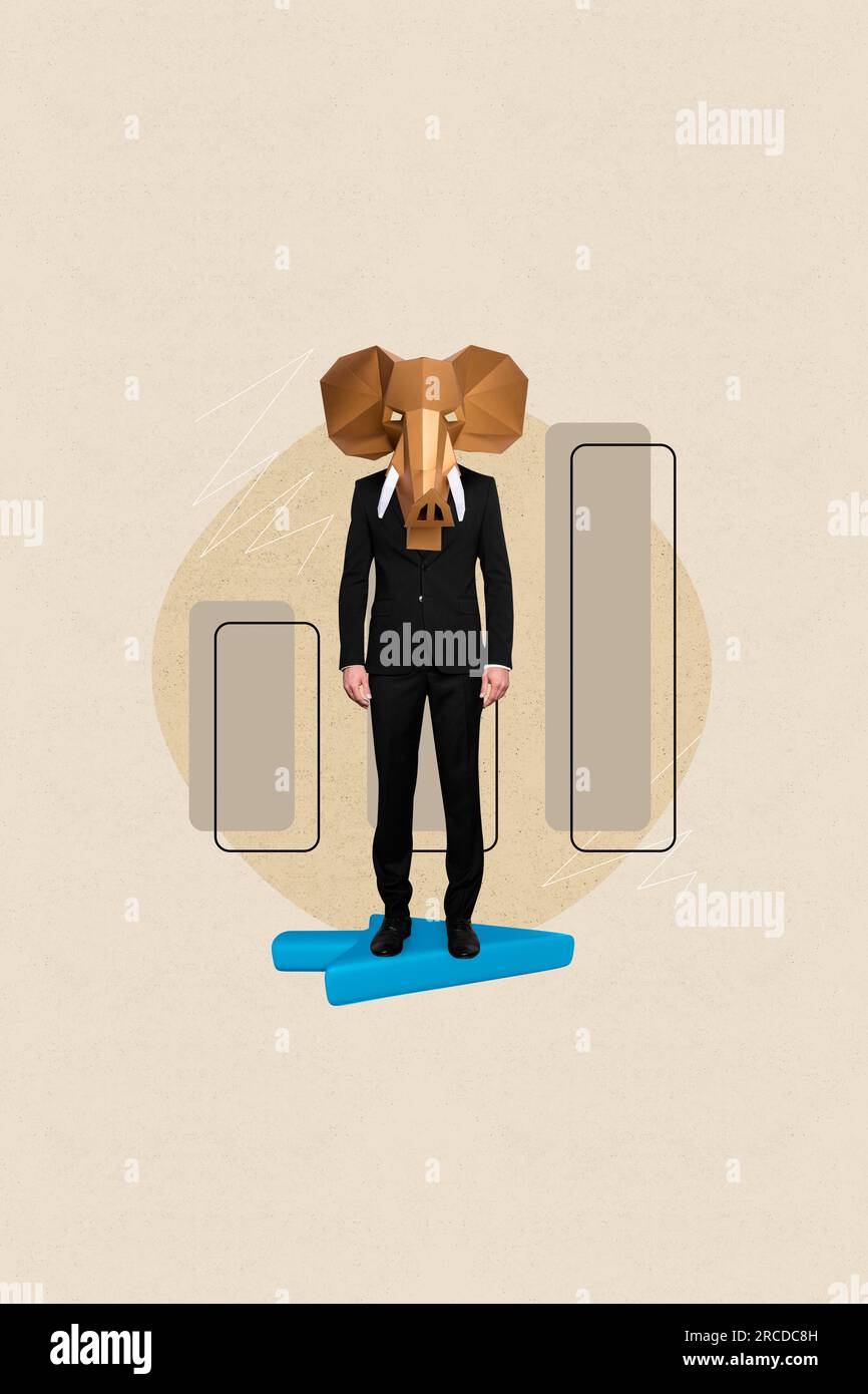 Vertical collage image of elegant costume man elephant head stand arrow ...