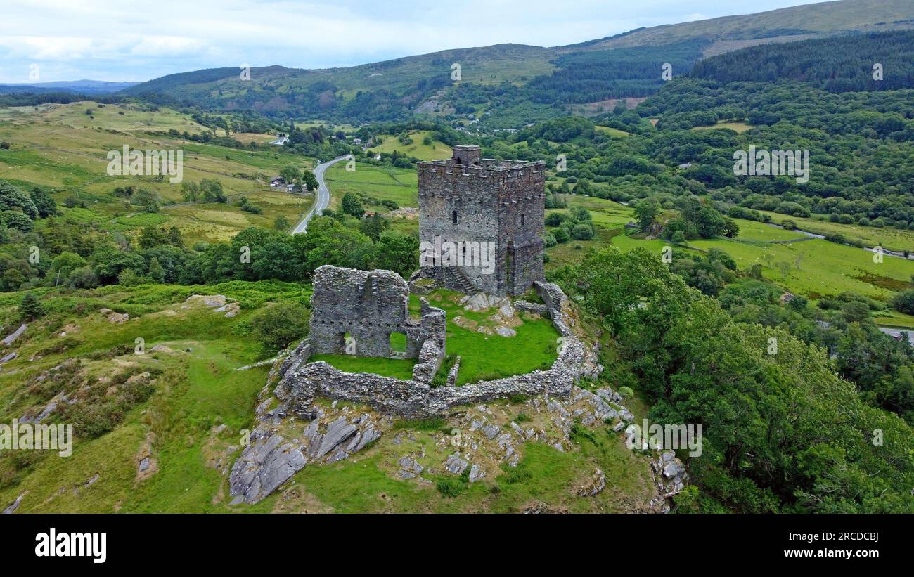 Aerial drone view of the 13th Century hilltop fortification Dolwyddelan ...