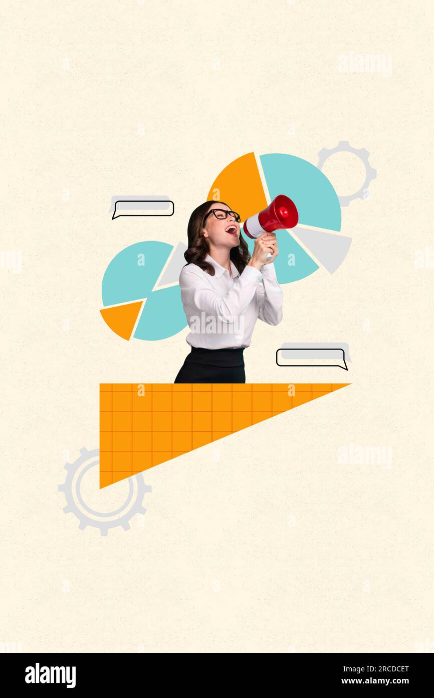 Vertical collage picture of elegant excited girl hold loudspeaker toa ...