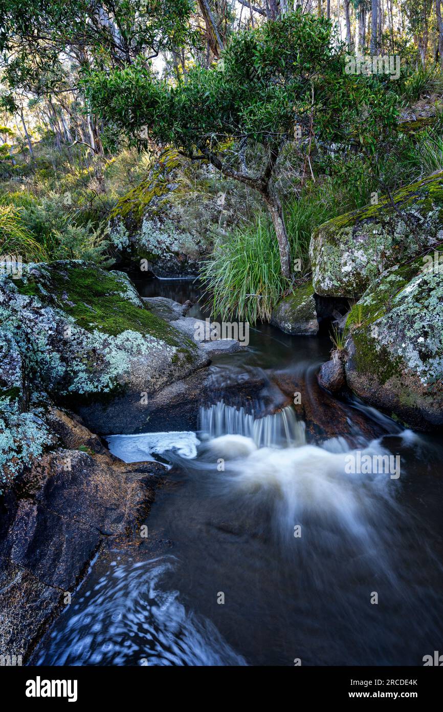 Small waterfall cascades over granite rocks, Glen Elgin Creek, New ...