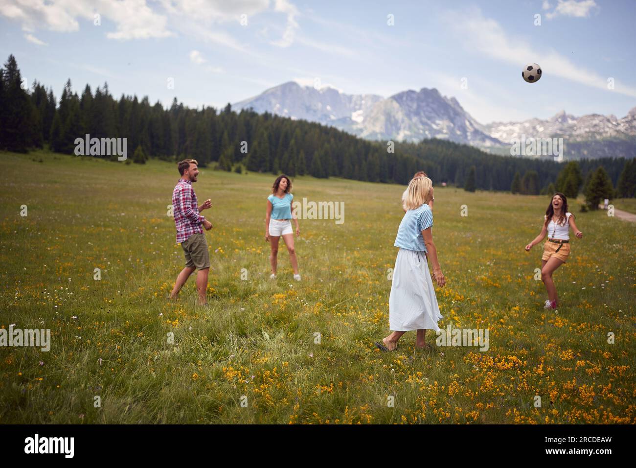 A group of friends is playing with the ball on the meadow on a ...