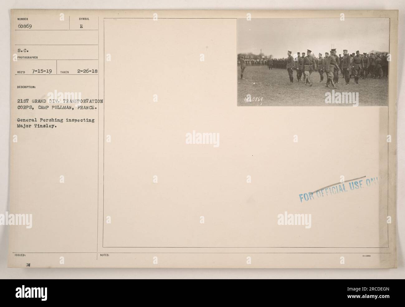 General Pershing inspecting Major Tinsley at Camp Pullman, France. This ...