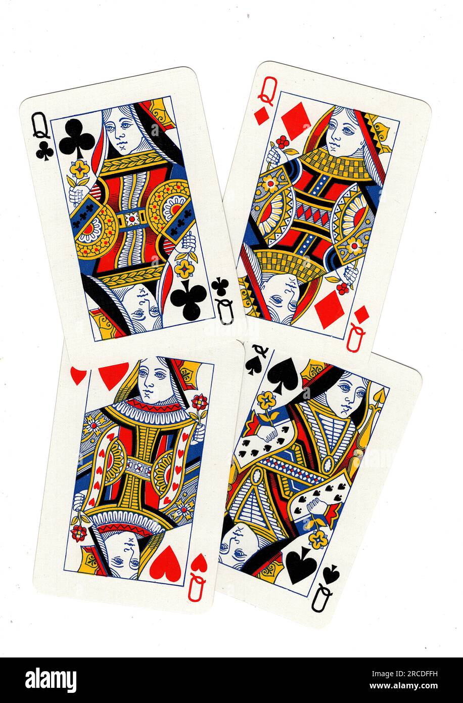 Vintage playing cards showing four queens on a white background Stock ...