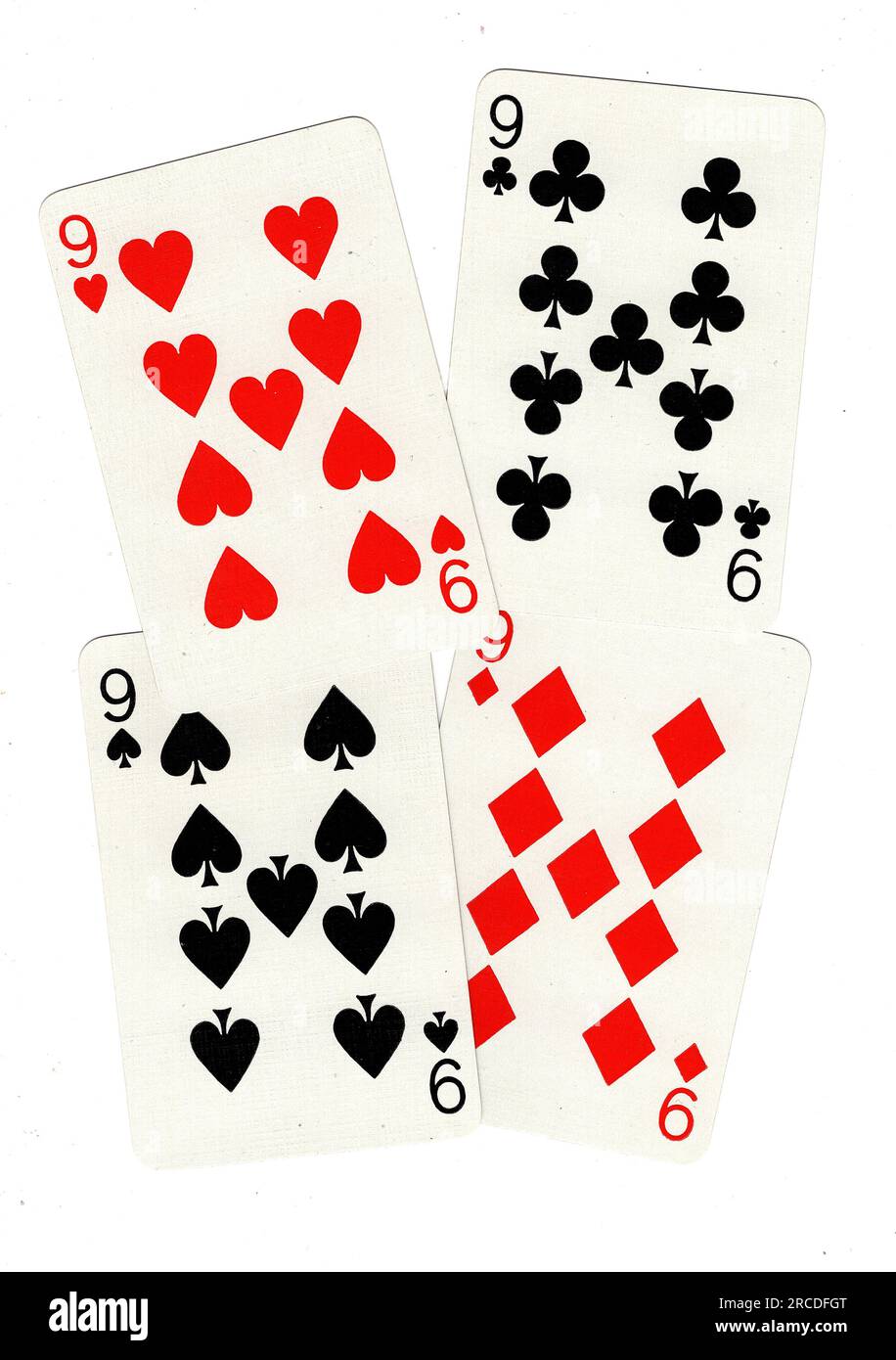 Vintage playing cards showing four nines on a white background Stock ...