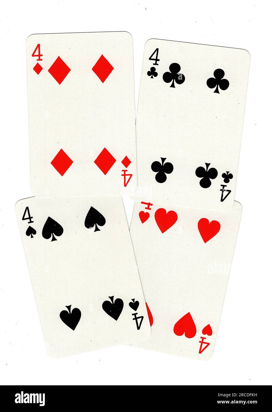 Vintage playing cards showing four fours on a white background Stock ...