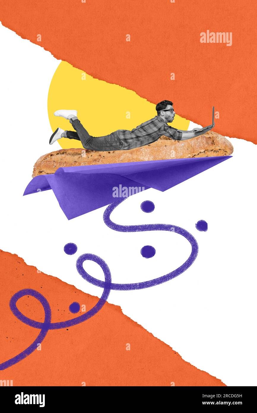 Vertical collage of courier worker delivery send flying paper airplane ...