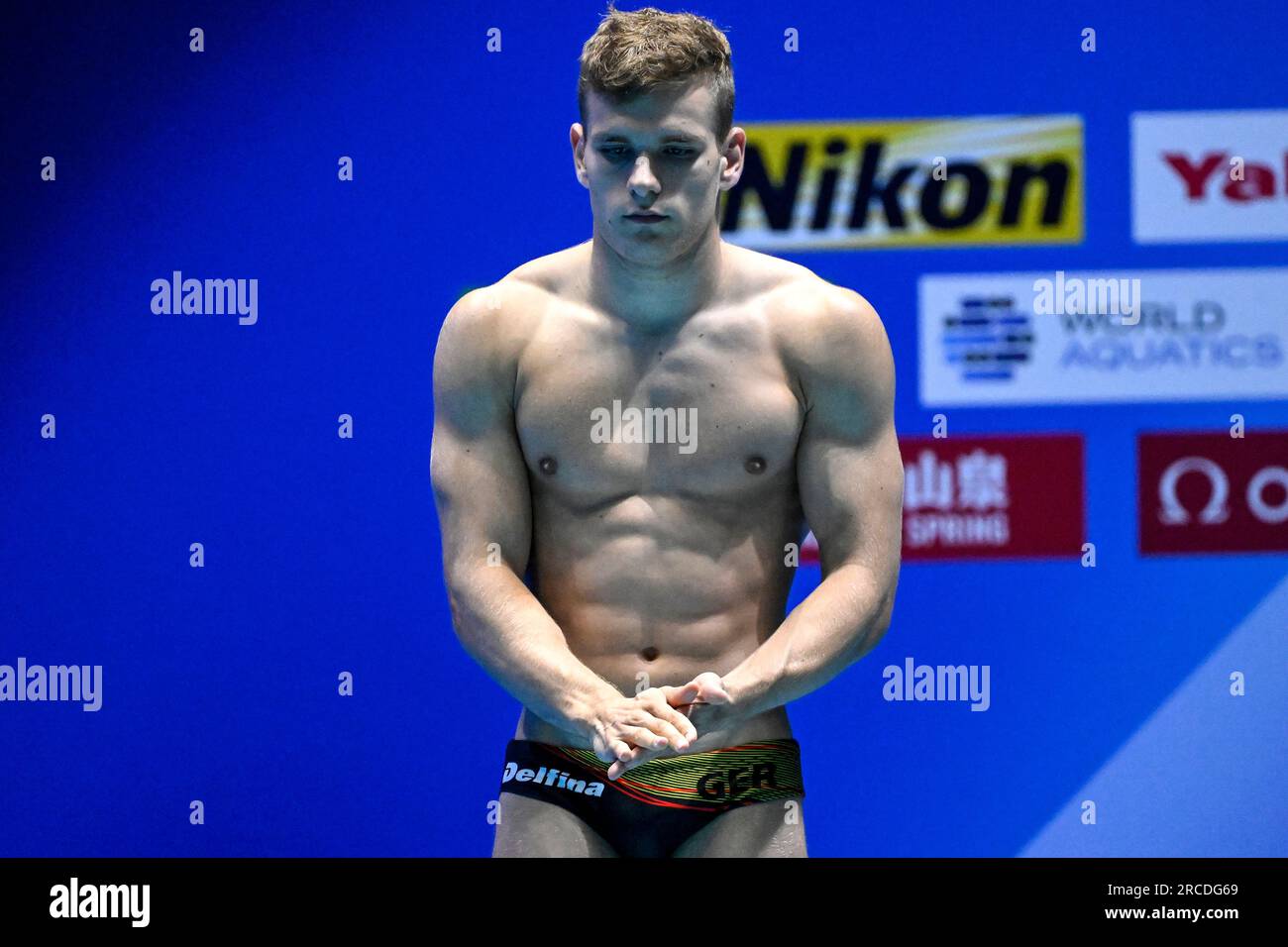 Fukuoka, Japan. 14th July, 2023. Moritz Wesemann of Germany prepares to compete in the 1m ...