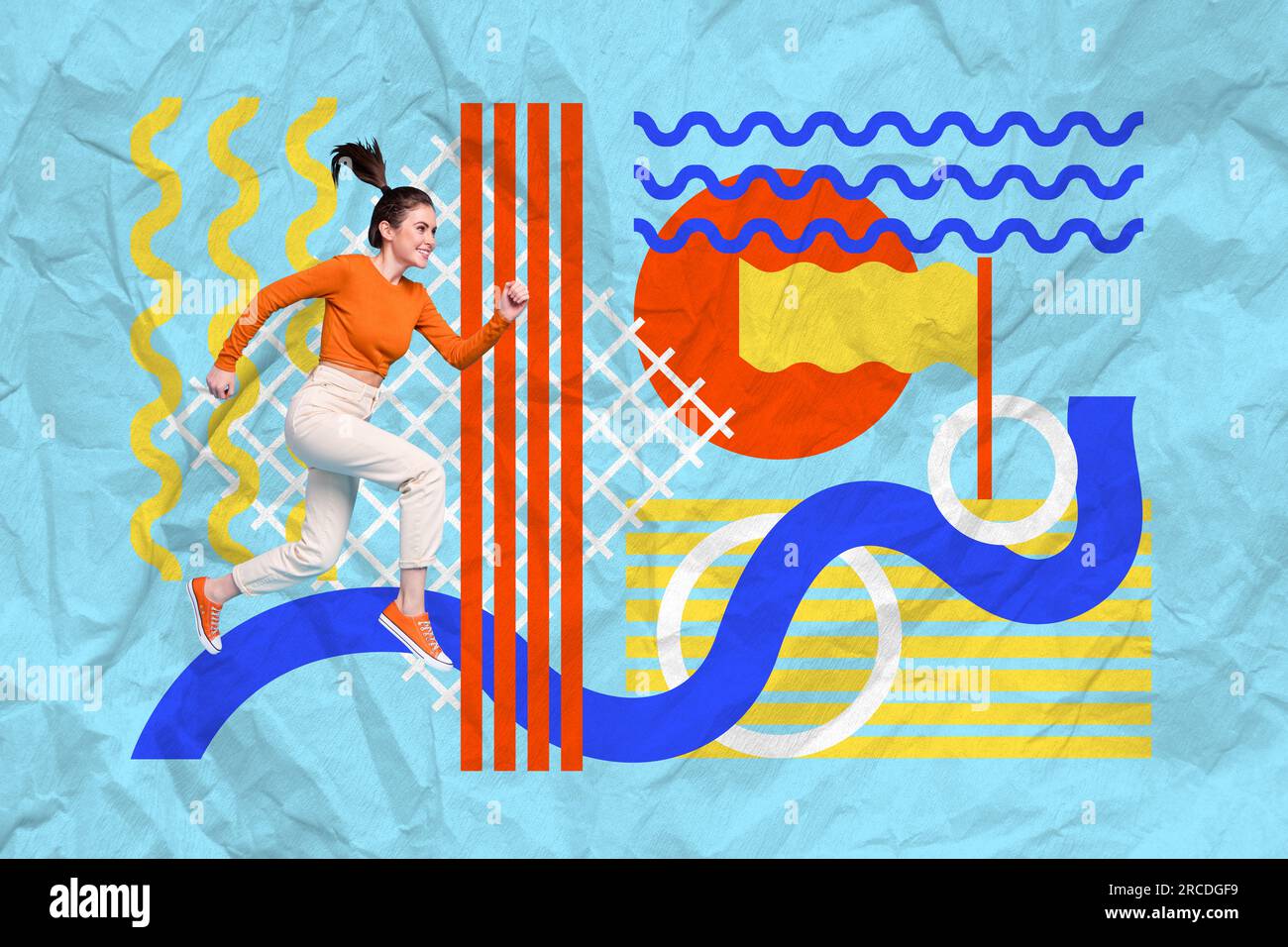 Artwork magazine collage picture of excited lady running finish race ...