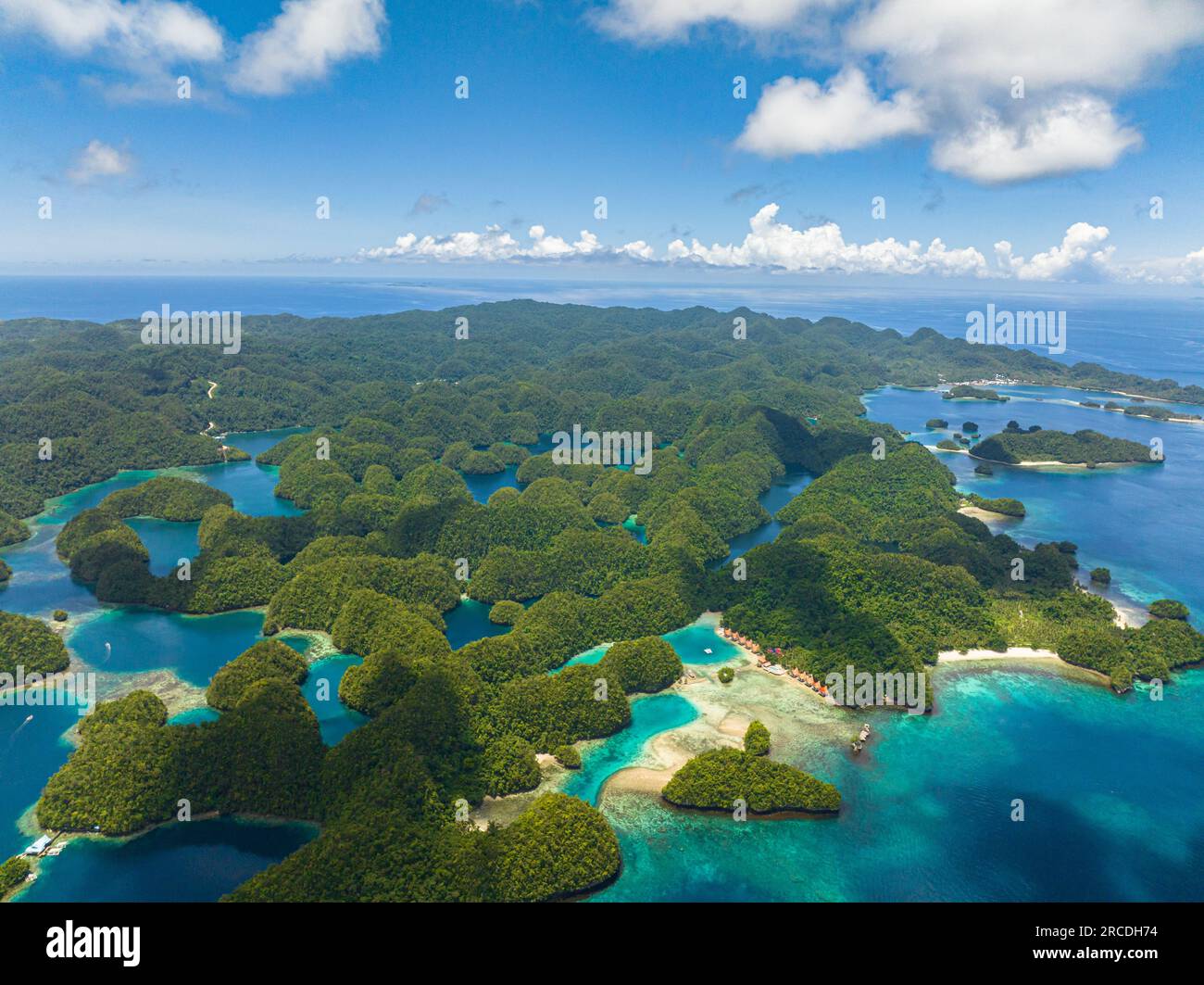 Birds eye view of Bucas Grande Island. White beach near Sohoton Bay ...
