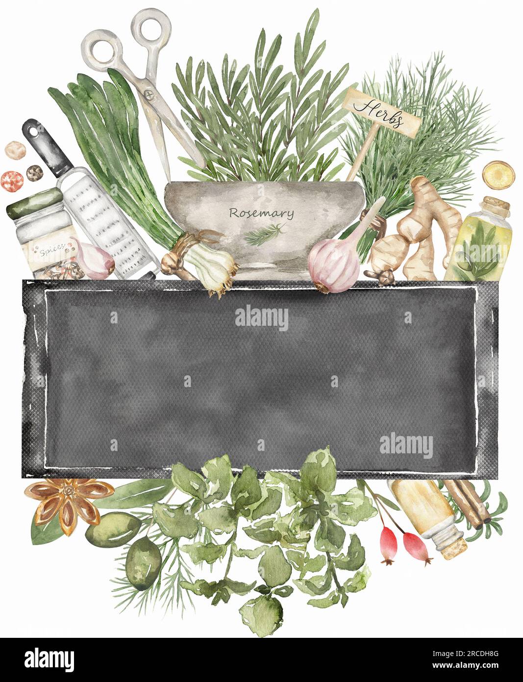 Watercolor spices and herbs chalkboard border frame for cooking designs ...