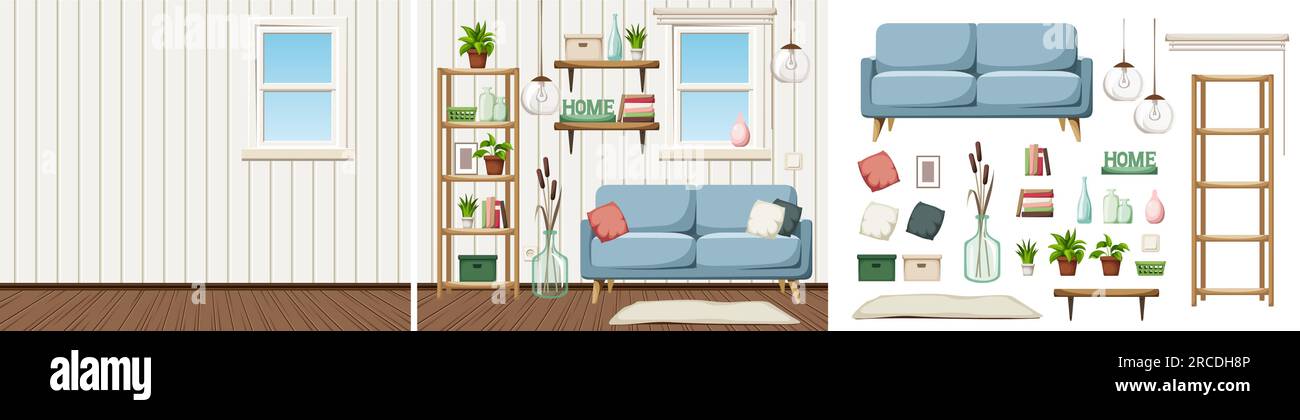 Vector cozy living room interior with a sofa, a shelving, and ...