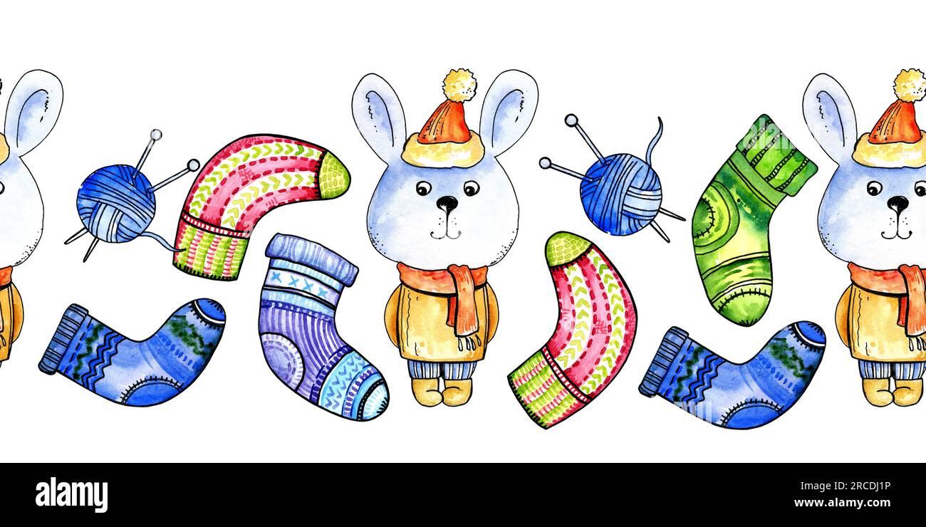 watercolor seamless border of winter theme with knitted warm socks and ...