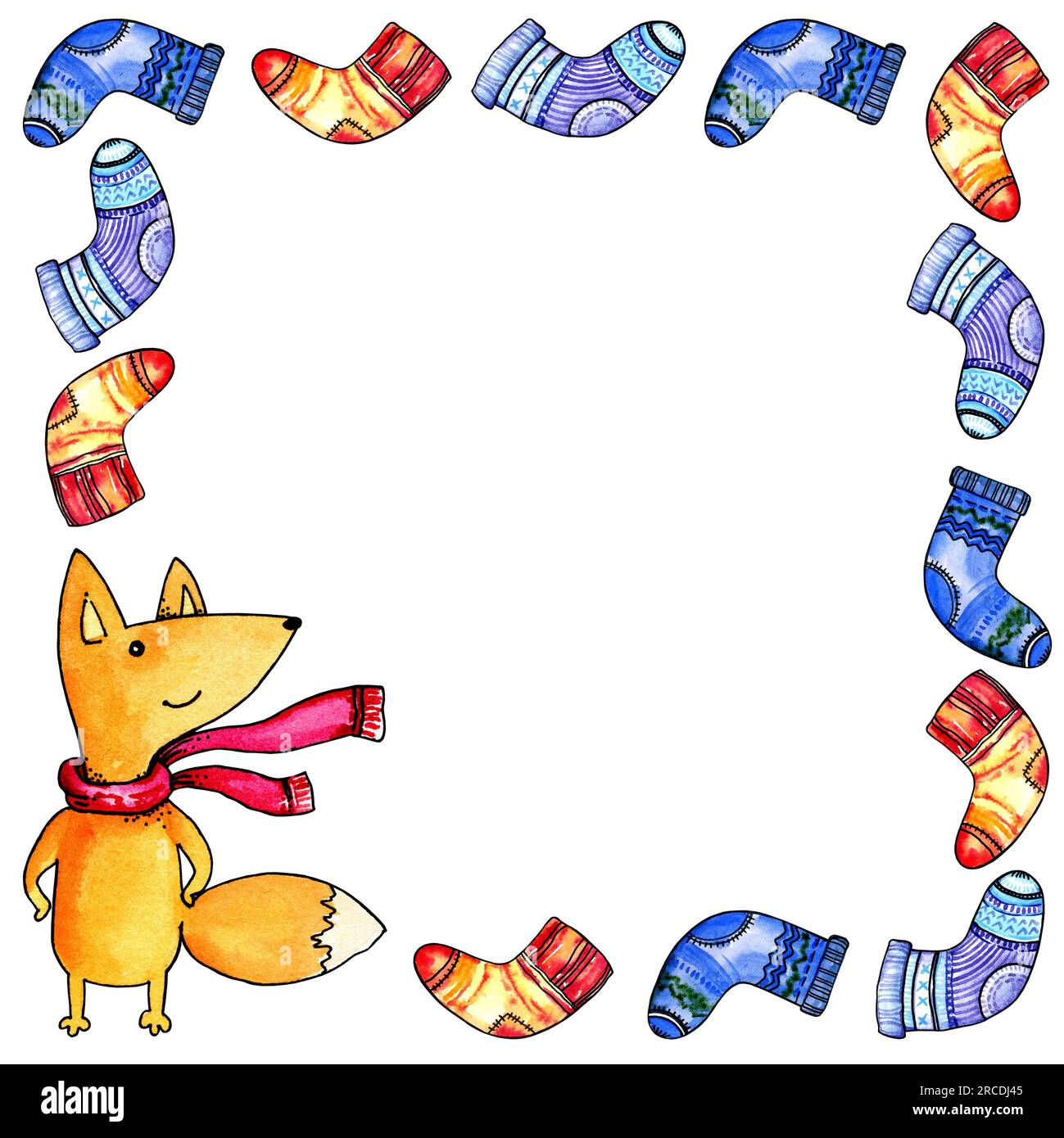 watercolor square frame with knitted warm striped and ornamental socks ...