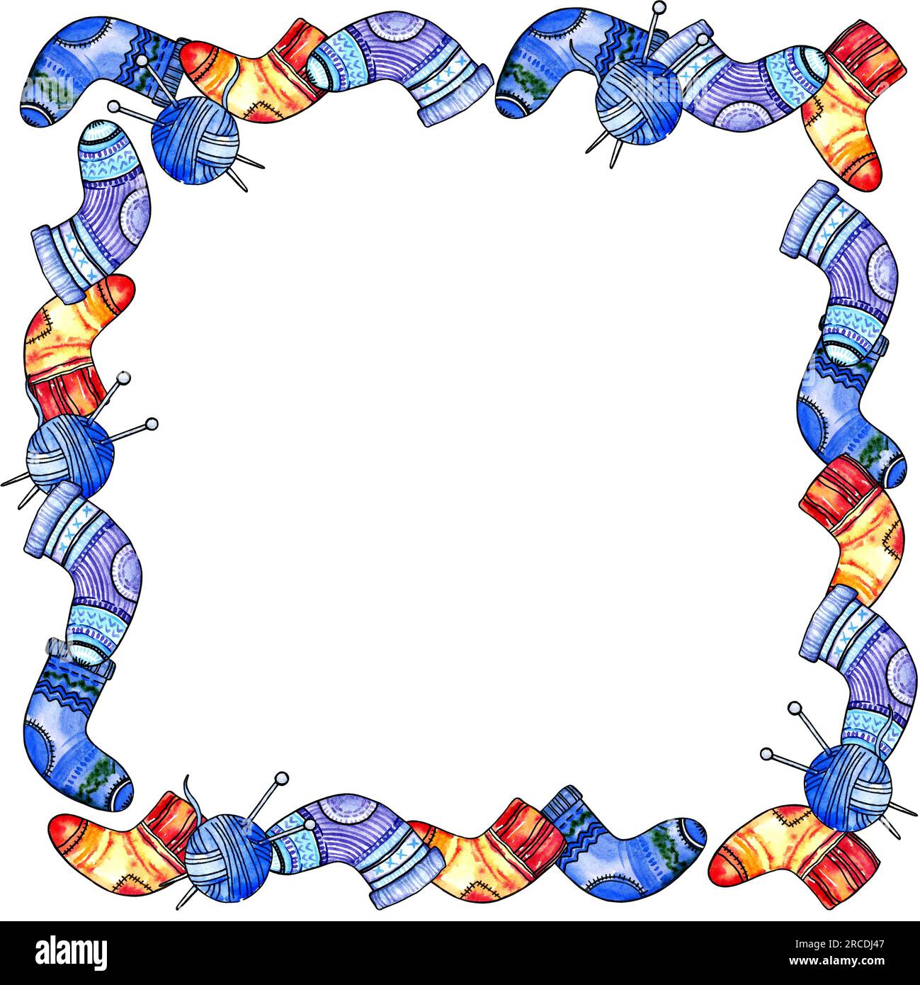 watercolor square frame of winter theme with knitted warm striped and ...