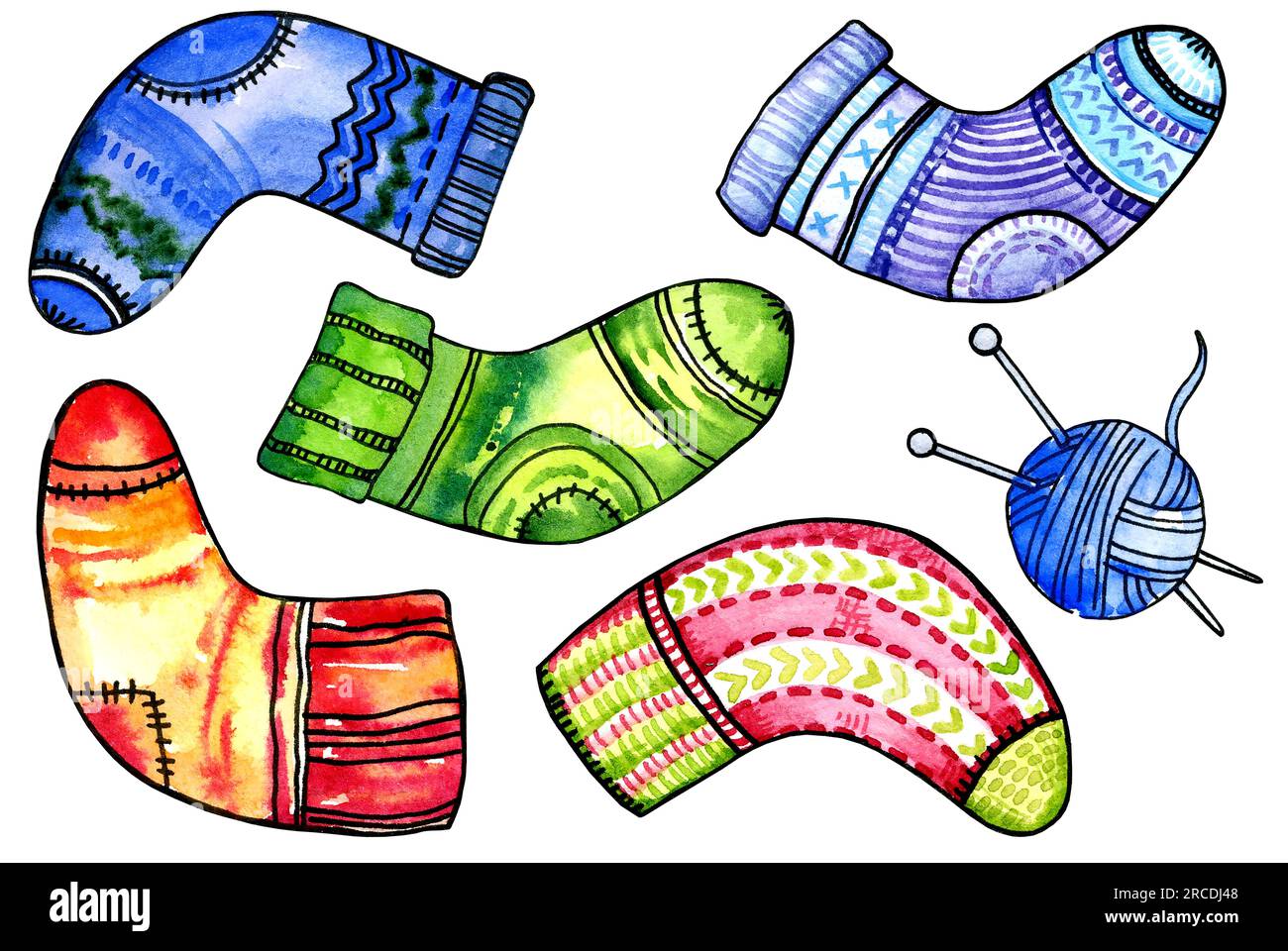 watercolor set of winter theme with knitted warm striped and ornamental ...