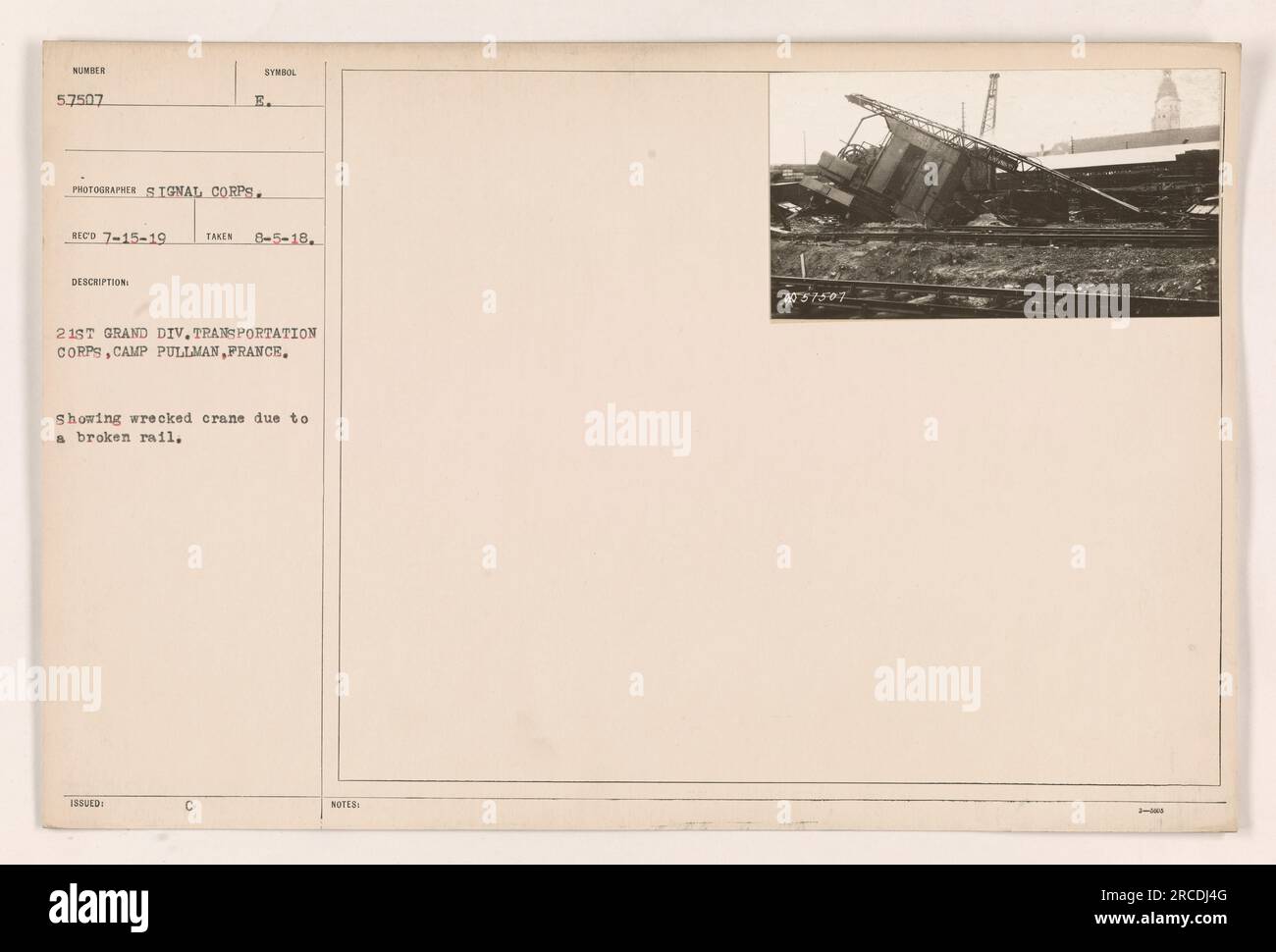"A photograph taken on August 5, 1918, shows a wrecked crane at Camp ...