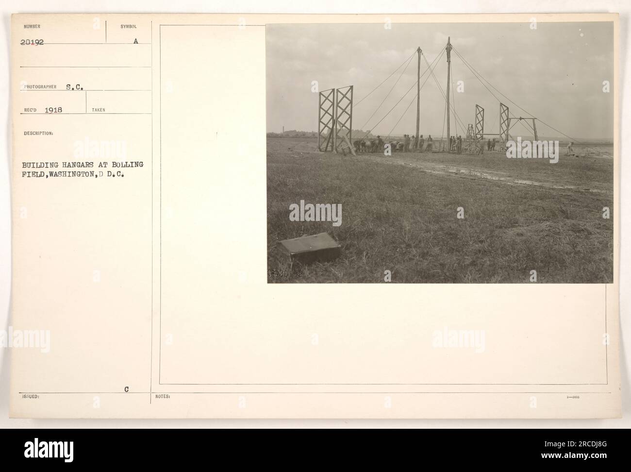 Photograph taken in 1918 of a hangar construction site at the Bolling ...