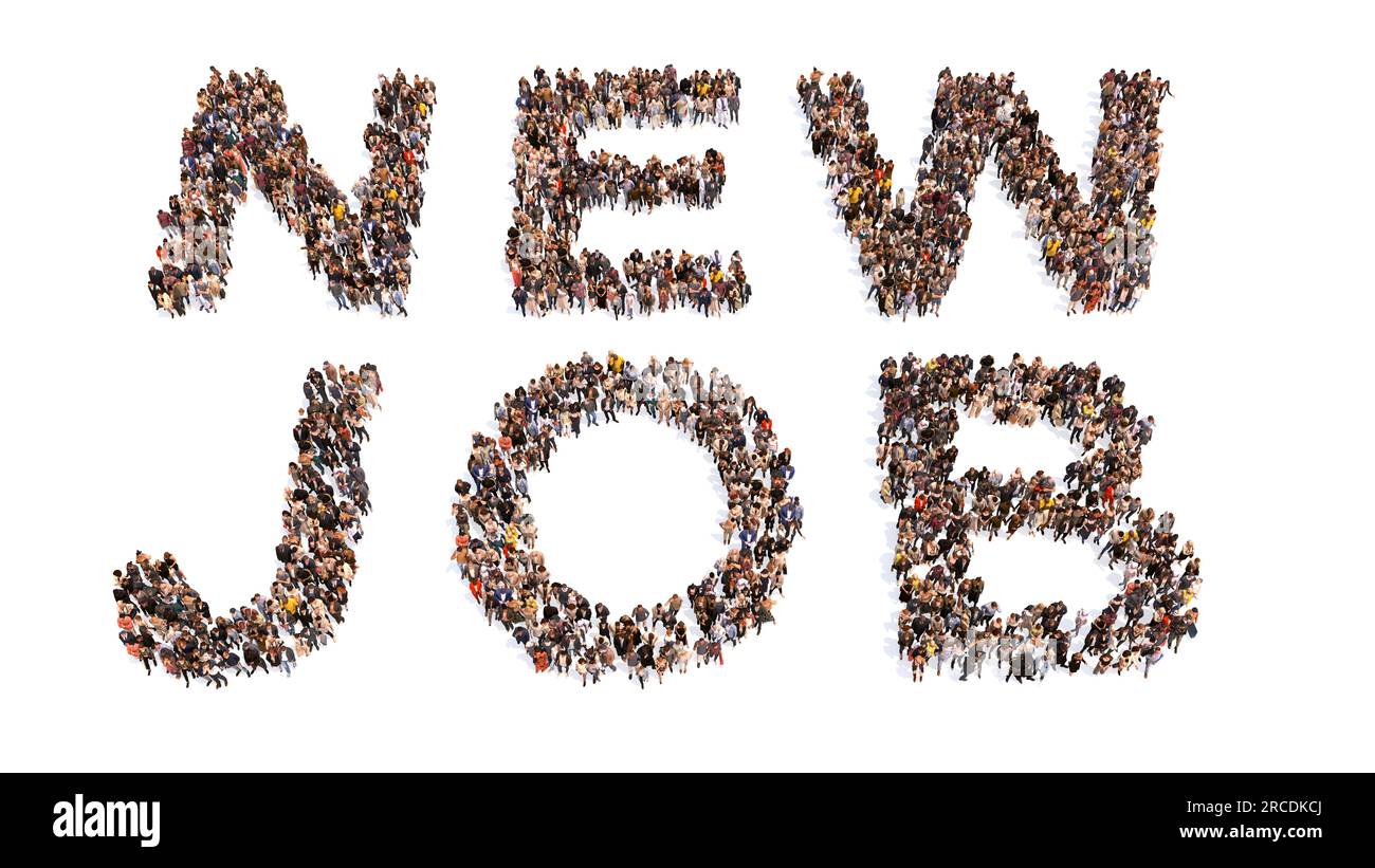 Conceptual large community people forming the NEW JOB message. 3d ...
