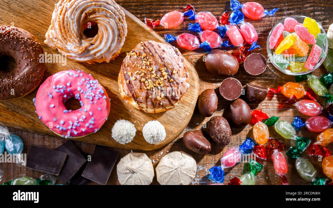 Food products rich in sugar. Junk food Stock Photo - Alamy