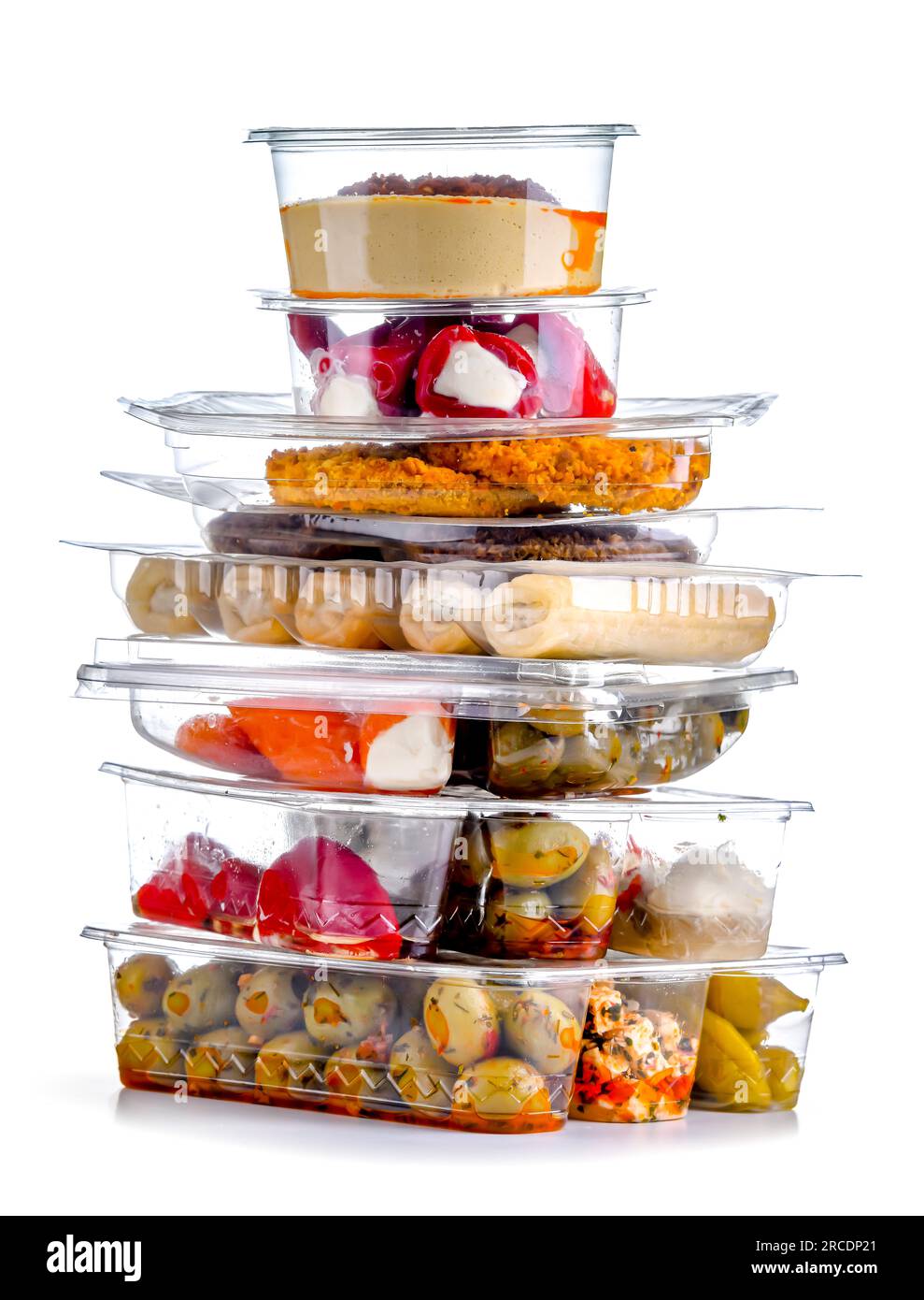 Variety of prepackaged food products in plastic boxes isolated on white ...