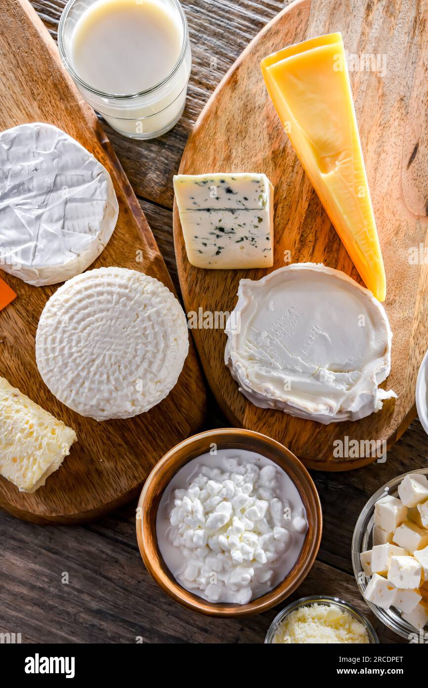 A variety of dairy products including cheese, milk and yogurt Stock ...