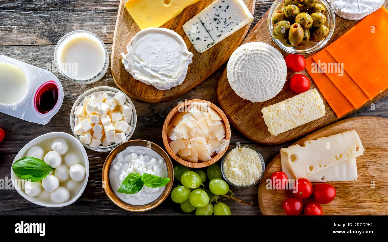 A variety of dairy products including cheese, milk and yogurt Stock ...