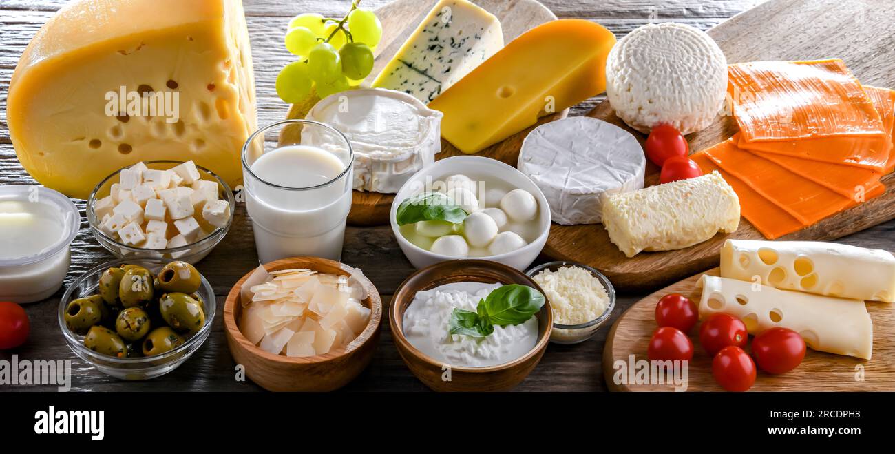 A variety of dairy products including cheese, milk and yogurt Stock ...
