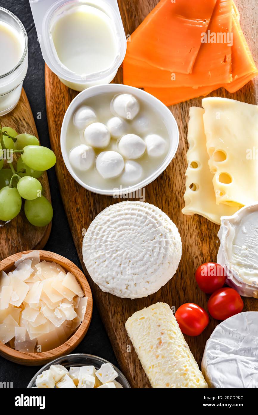 A variety of dairy products including cheese, milk and yogurt Stock ...
