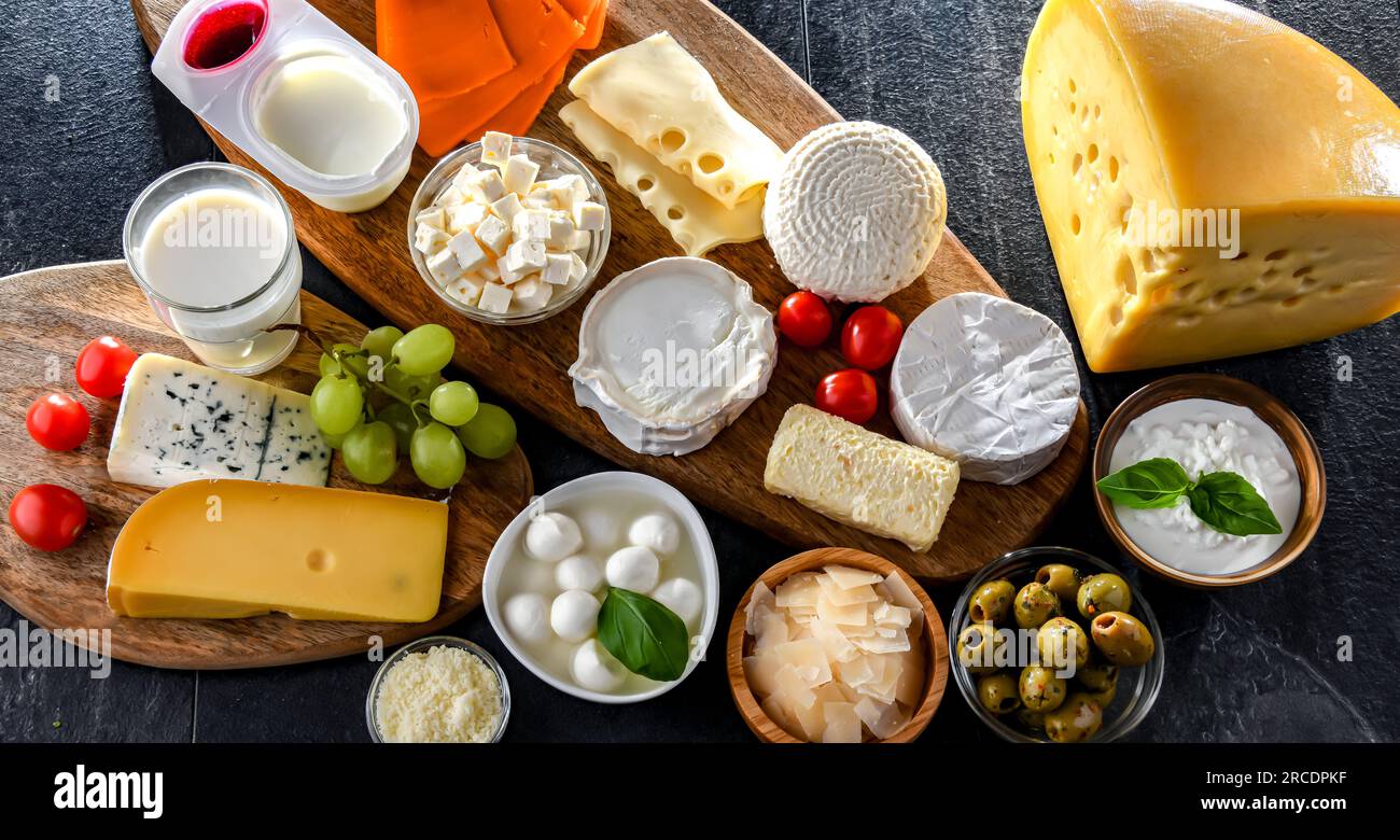 A variety of dairy products including cheese, milk and yogurt Stock ...
