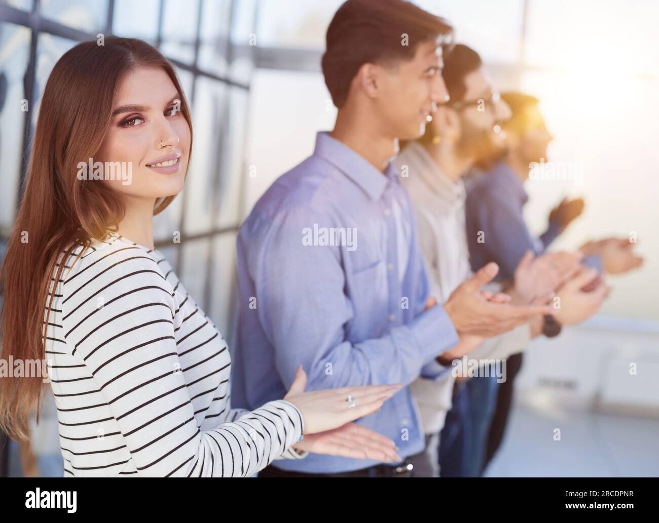Close up side profile, different participants business people stand and ...